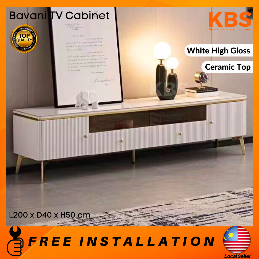 (FREE Installation+Shipping) KBS Bavani TV Cabinet / White High Glossy / Ceramic Stone Top ...