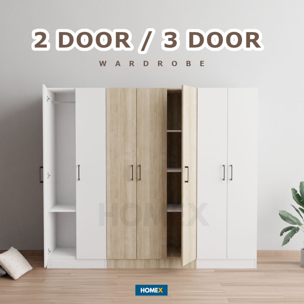 HOMEX Almari Baju Murah 2 Door 3 Door Wardrobe Clothes With 6 Shelves ...