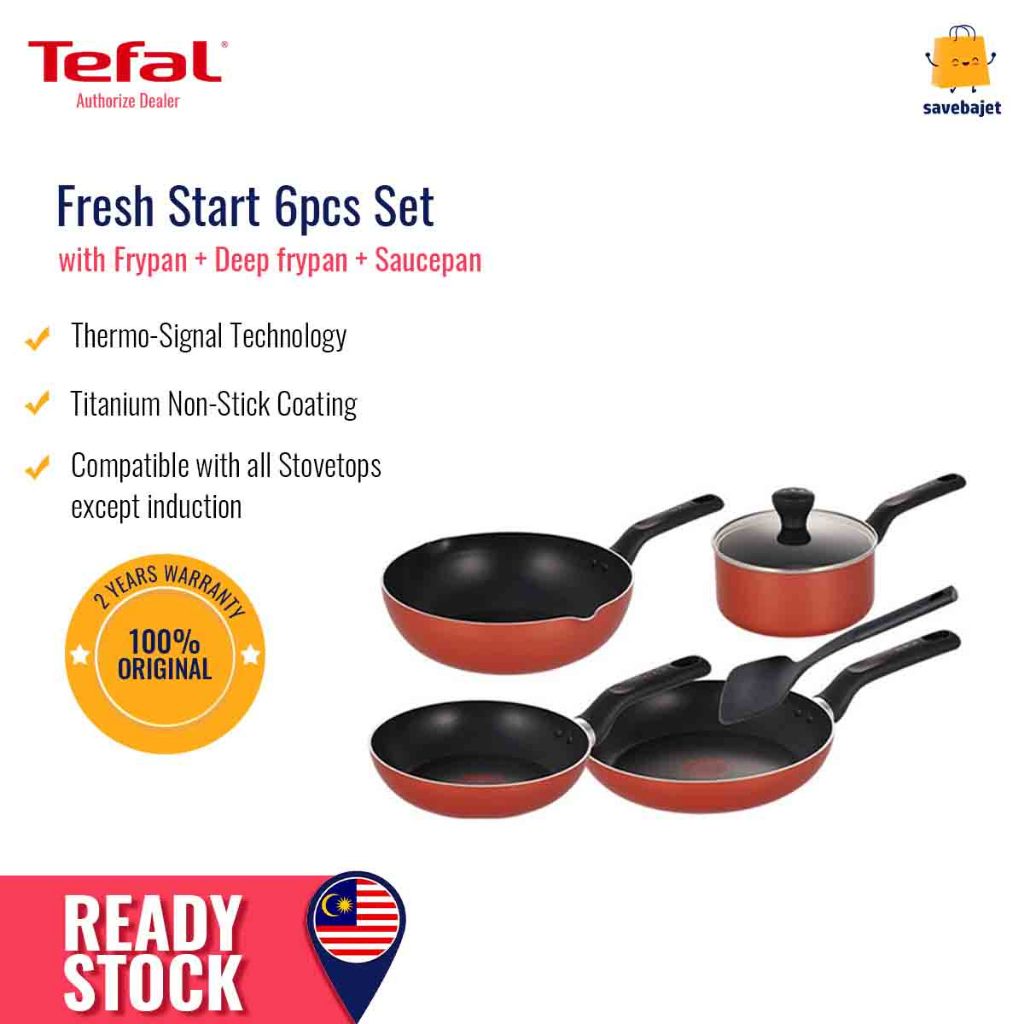 Tefal Fresh Start 6pc Set Frypan 20cm + Frypan 24cm + Deep Frypan 26cm ...