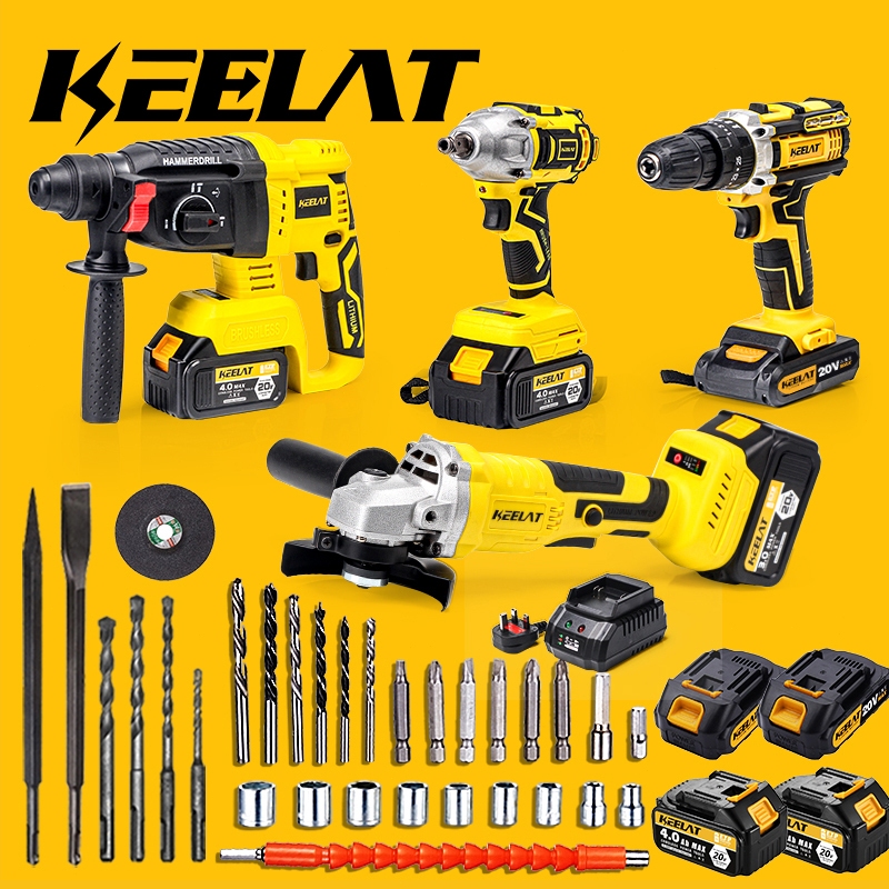 KEELAT 4 in 1 Cordless Combo Set Brushless Drill Cordless Impact Wrench ...