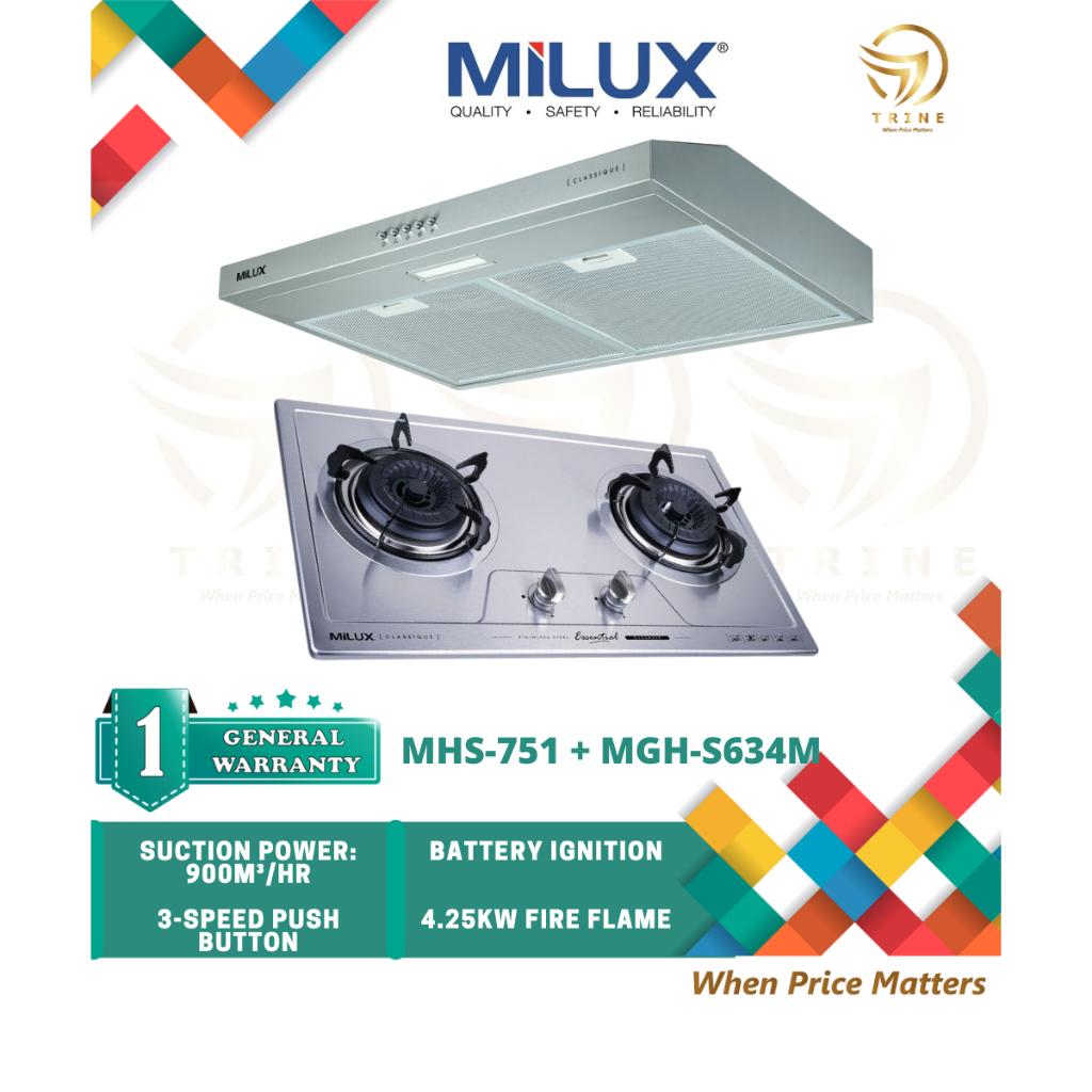 MILUX 70CM STAINLESS STEEL SLIM HOOD MHS-S751 AND GAS HOB MGH-S633M MGH ...