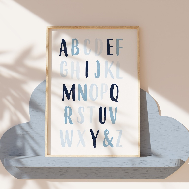 Learning Alphabet ABC Poster with frame in Dusty Blue theme (Nursery ...