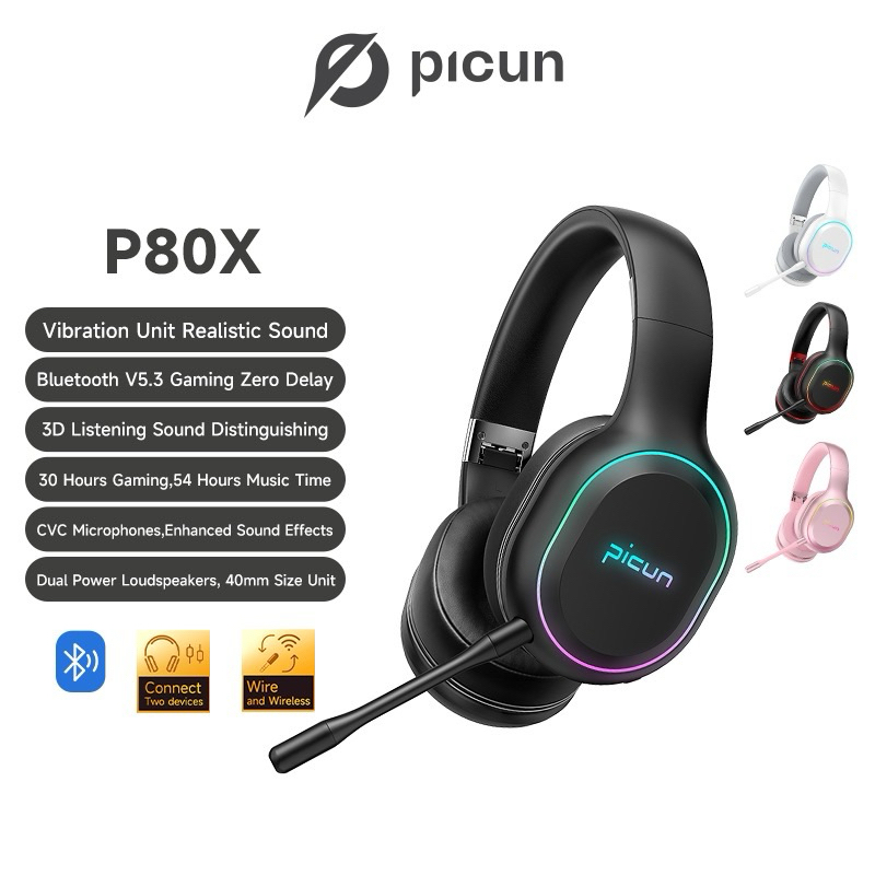 PICUN P80X Super Bass Gaming Headset Vibration Unit Sound Recognition LED RGB Standby for 80 ...