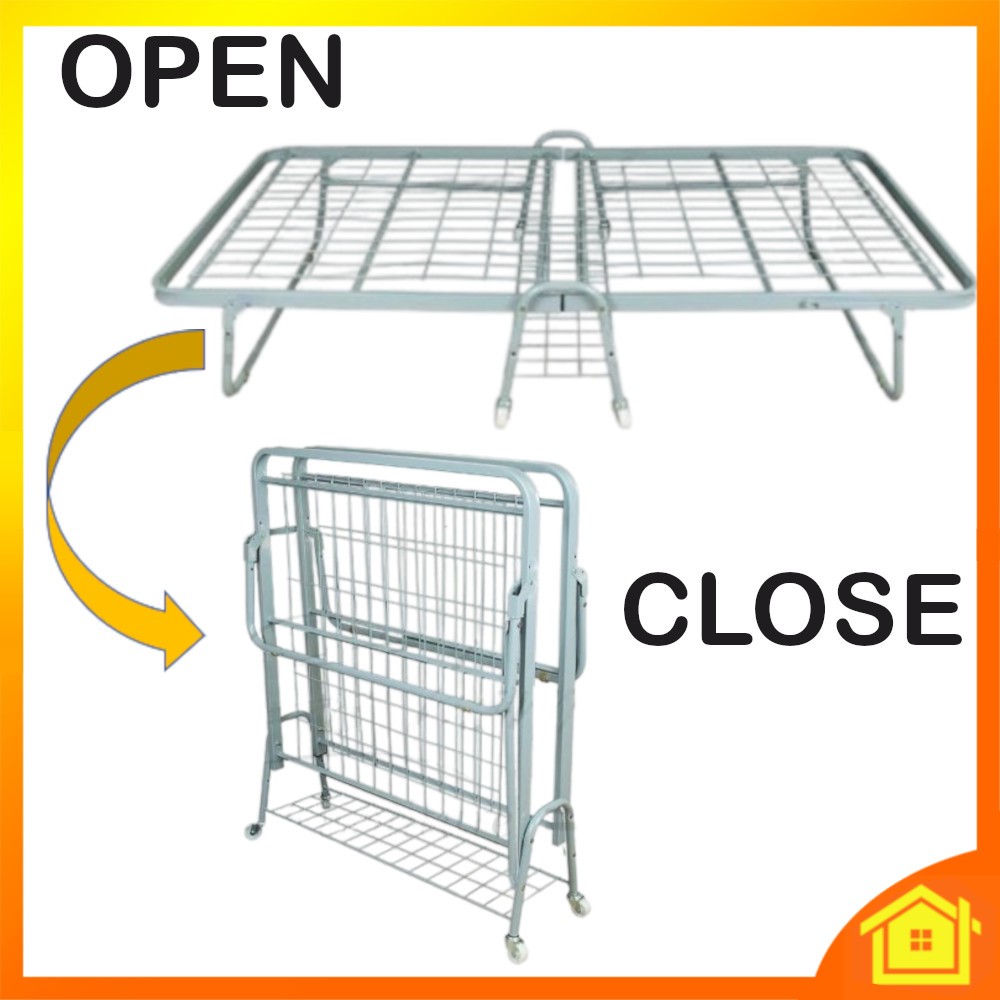 Foldable Single Bed Frame Metal Folding Moveable Roller Wheel Rangka ...
