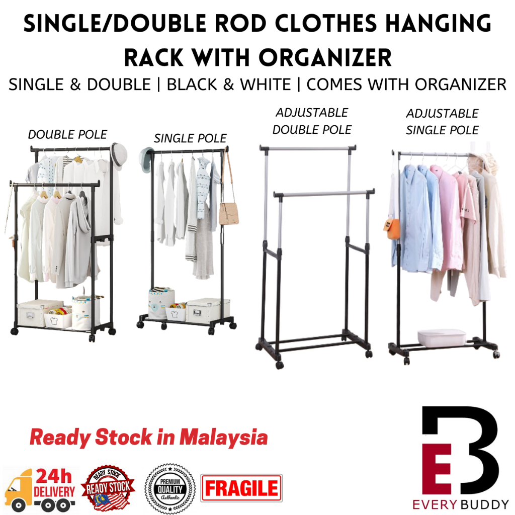 EB MALL Single/Double-Pole Clothes Hanging Rack Laundry Cloth Drying ...