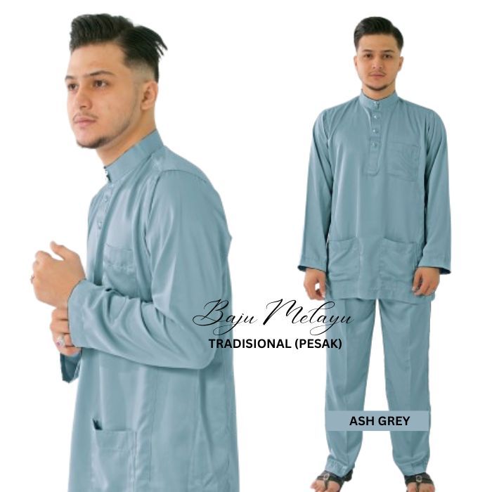 Baju Melayu Tradisional Pesak - ASH GREY (S - 4XL) | Shopee Malaysia