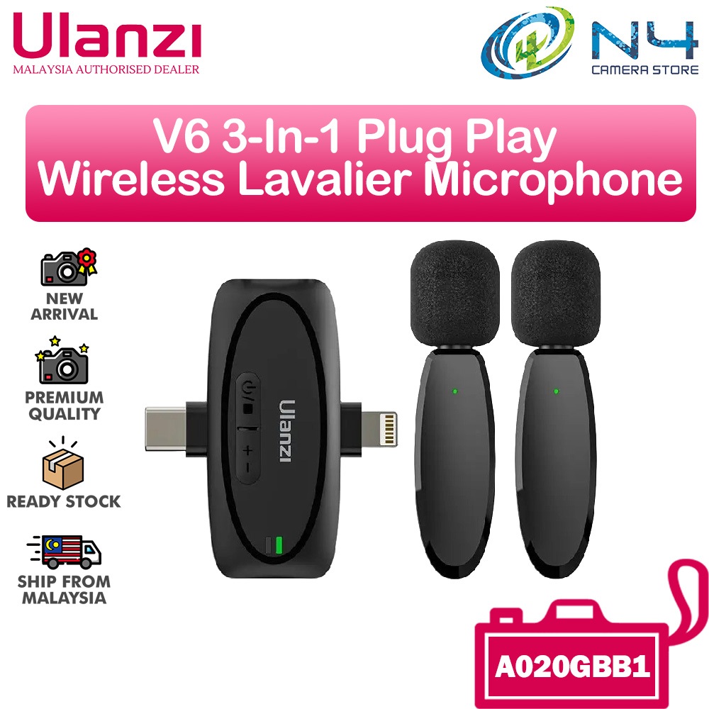 Ulanzi V6 3-in-1 Plug-Play Wireless Lavalier Microphone for iPhone/Android/Tablet/Camera ...