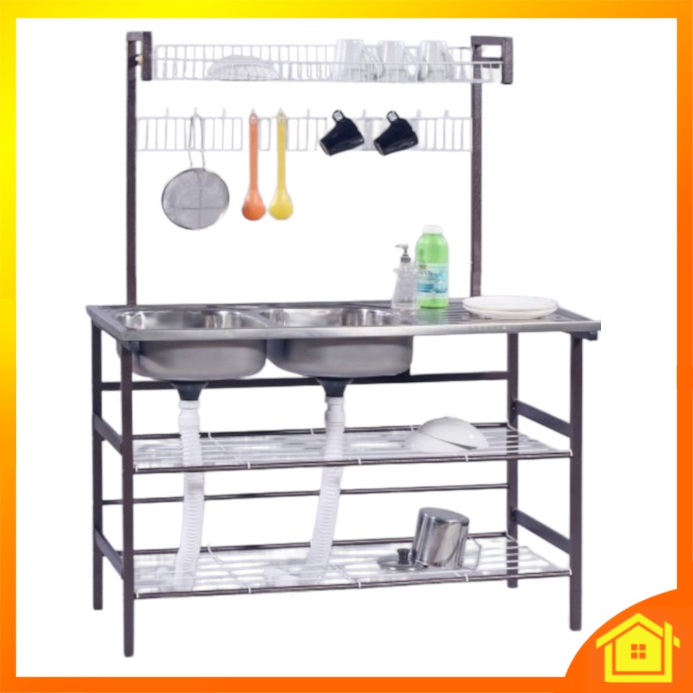 Double Sink With Rack Storage Stainless Steel Wash Basin Kitchen Pantry ...