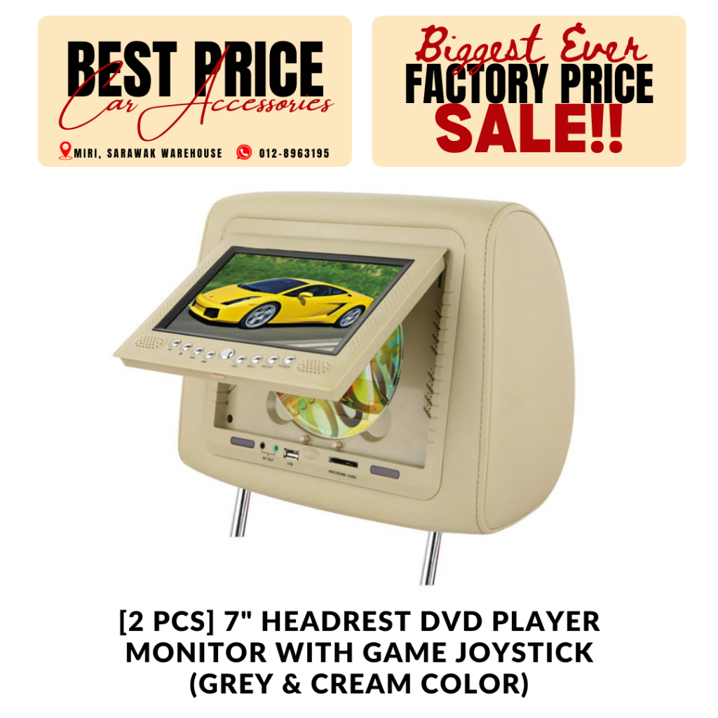 [2 PCS] 7" Headrest DVD Player Monitor With Game Joystick (Grey & Cream ...