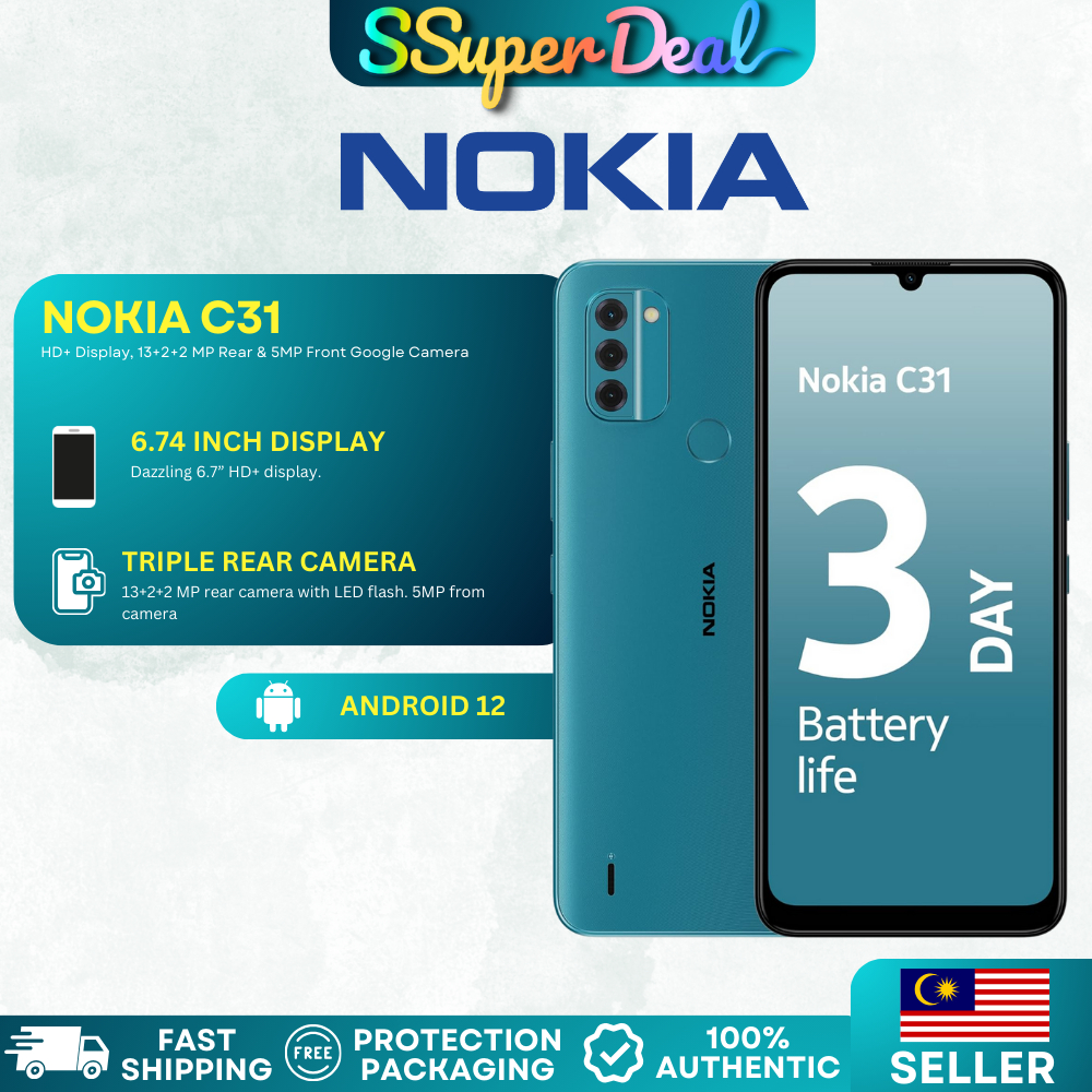 Nokia C31 Android Smartphone 6.74'' HD+ Display (4GB + 64GB) (Cyan ...
