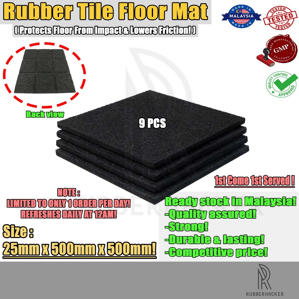 25MM THICK RUBBER GYM Tiles FLOOR MAT 9 PCS - 25mm x 500mm X 500mm ...