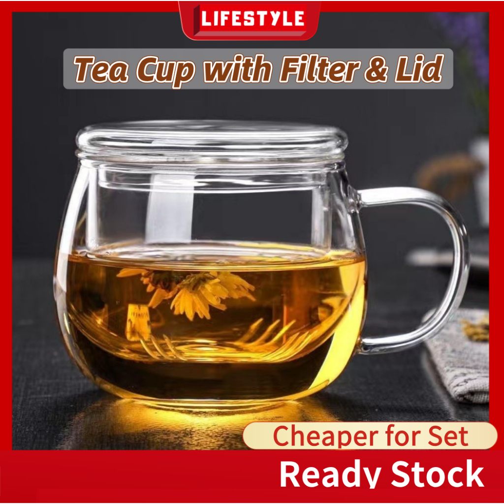 LIFESTYLE Cawan Teh Kaca dengan Penutup Set Cawan Air Kopi Tebal Tahan ...