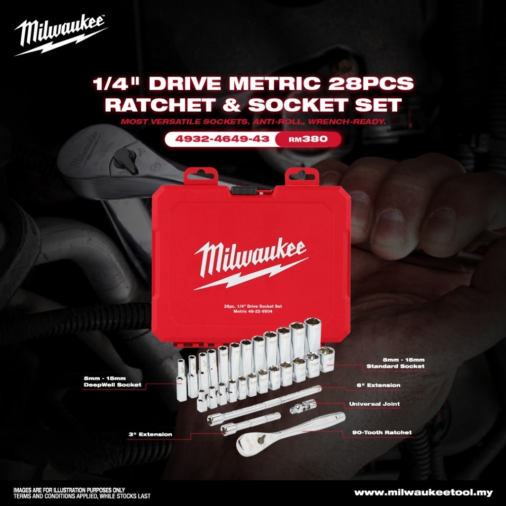 MILWAUKEE 28PCS 1/4'' Drive Ratchet and Metric Socket Set 4932-4649-43 | Shopee Malaysia