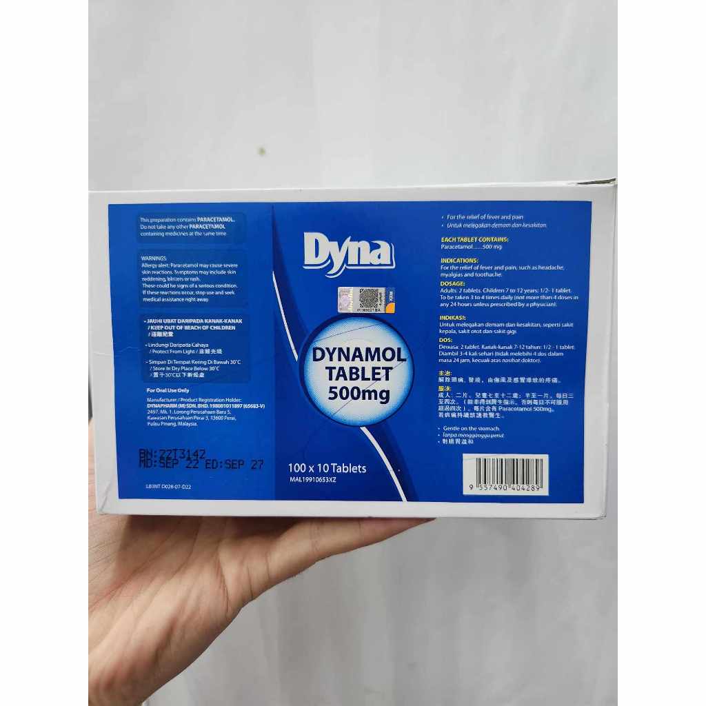 Dynamol Paracetamol 500mg 10'SX100strip 1 BOX | Shopee Malaysia