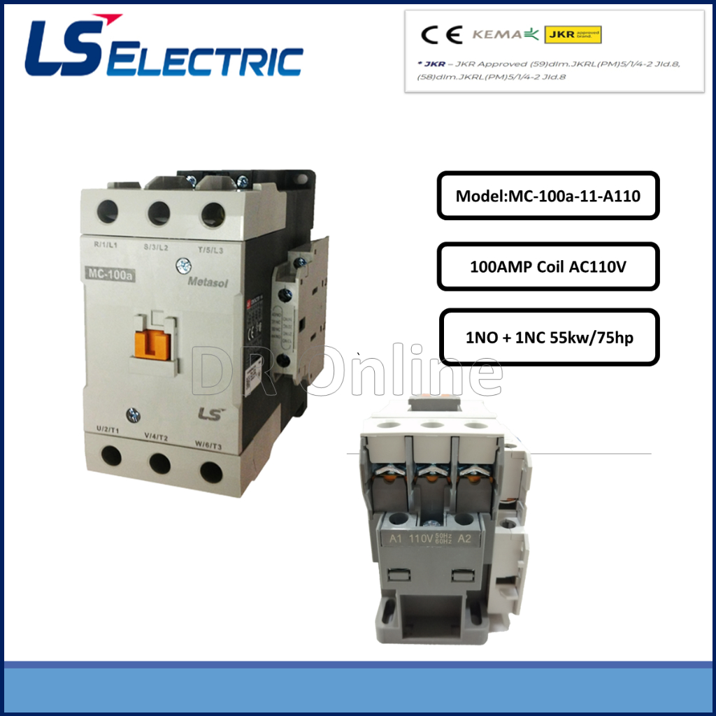 LS CONTACTOR 55KW/75HP ~ 100A ~ 1NO+1NC ~ 110VAC,240VAC,415VAC (MC-100a ...