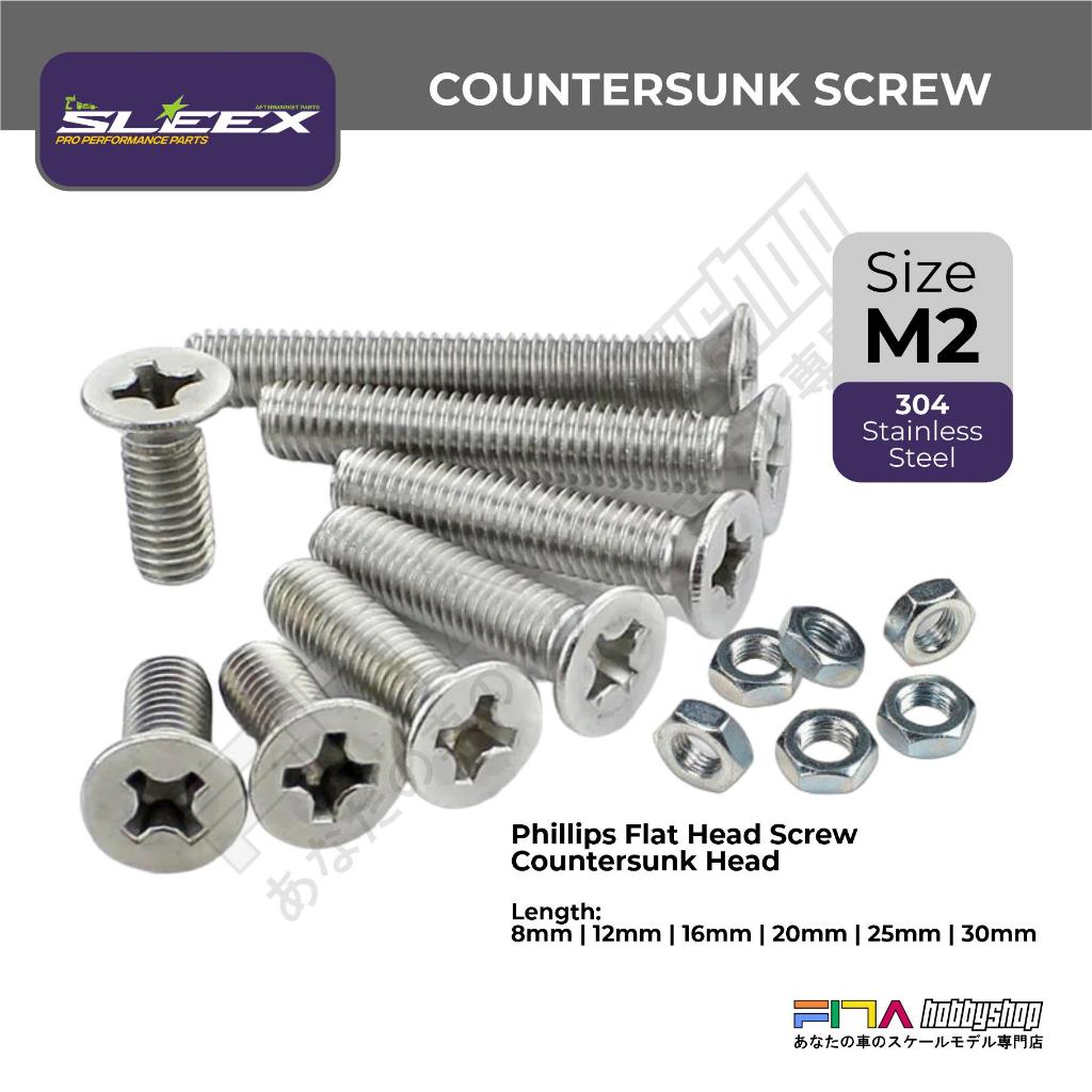 SLEEX Countersunk Screw M2 Size 304 Stainless Steel 8mm | 12mm | 16mm | 20mm | 25mm | 30mm ...