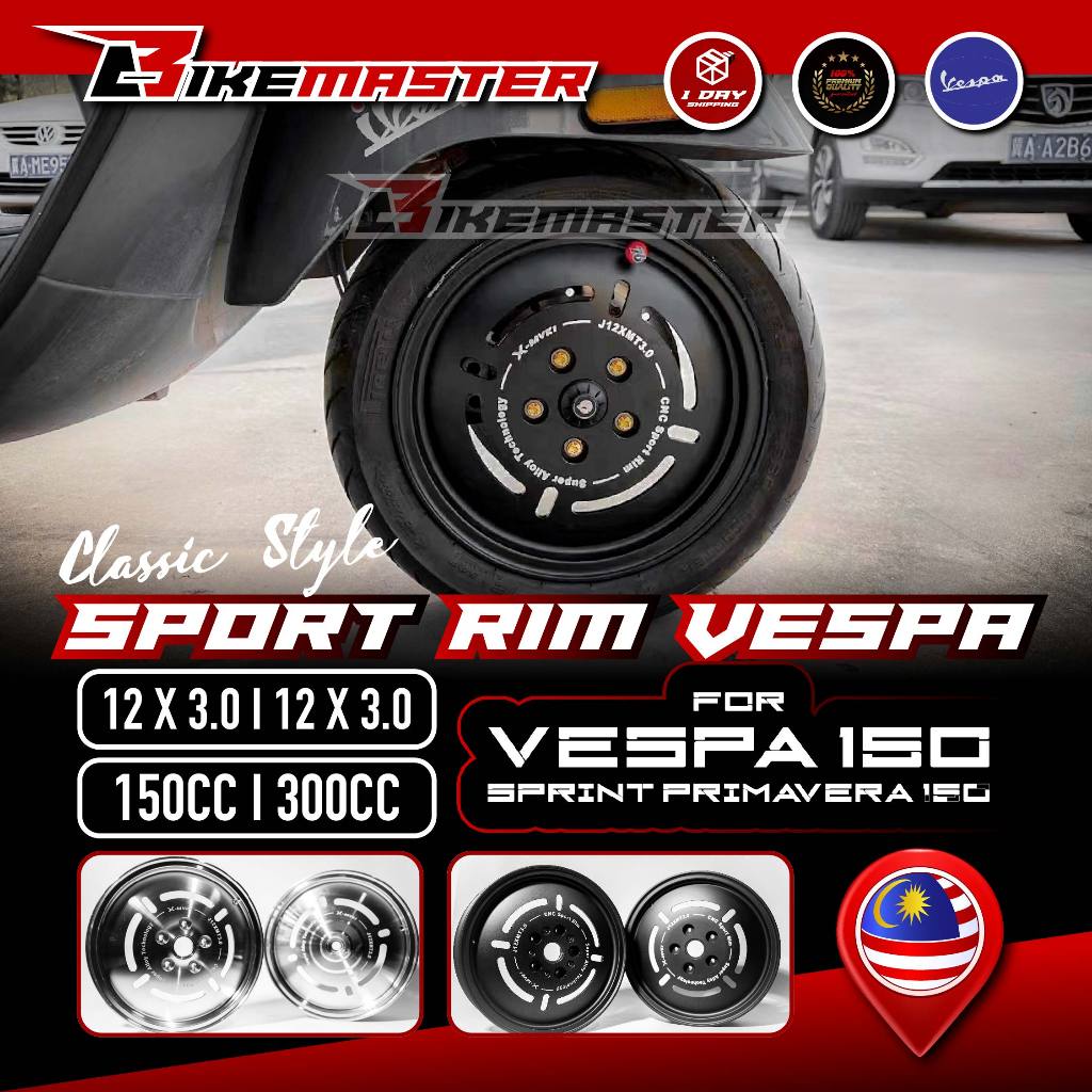 Vespa Sport Rim CNC | Black | Chrome | FR: 12 X 3.0 | RR: 12 X 3.0 MVR1 ...