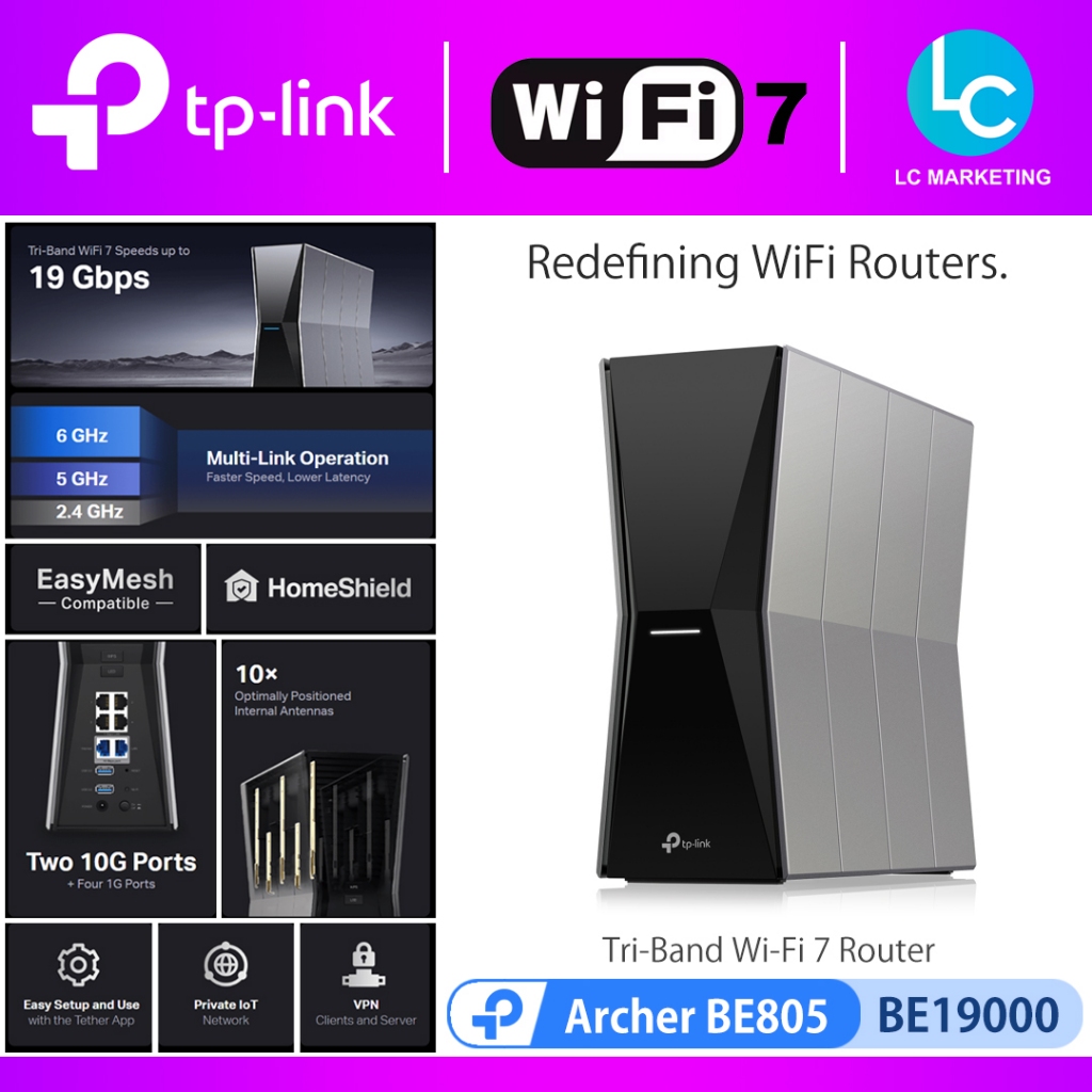 TP-Link Archer BE805 BE19000 Tri-Band Wi-Fi 7 Router with EasyMesh ...