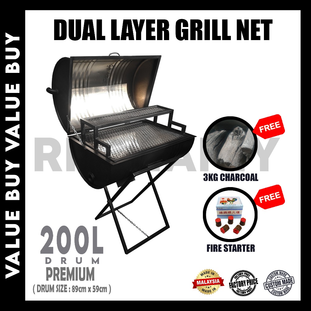 BBQ Grill Outdoor Drum Set Tong Drum 200L BBQ Set Complete With Double Layer Grill Net Big Size ...