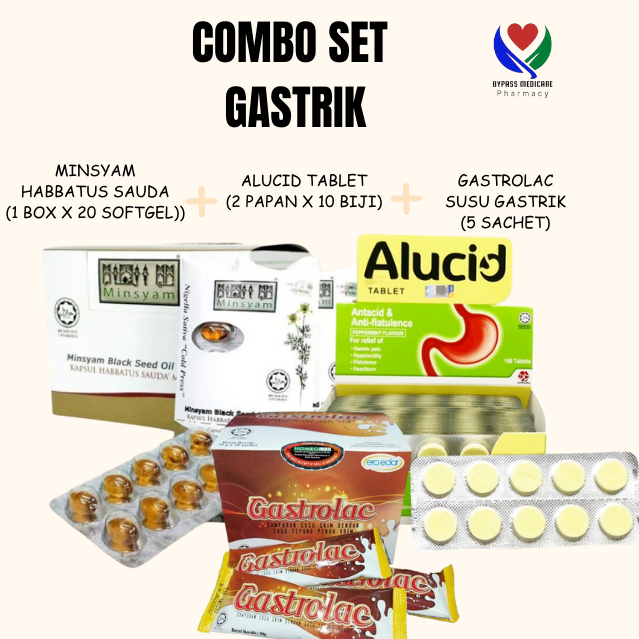 COMBO SET GASTRIK (MINSYAM H/SAUDA+ ALUCID TAB + GASTROLAC SUSU GASTRIK ...