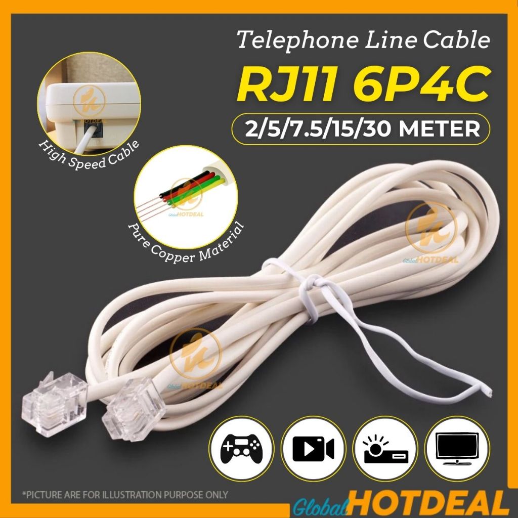 6P4C RJ11 TELEPHONE CABLE PIN TO PIN Line Extension Connection Cord ...