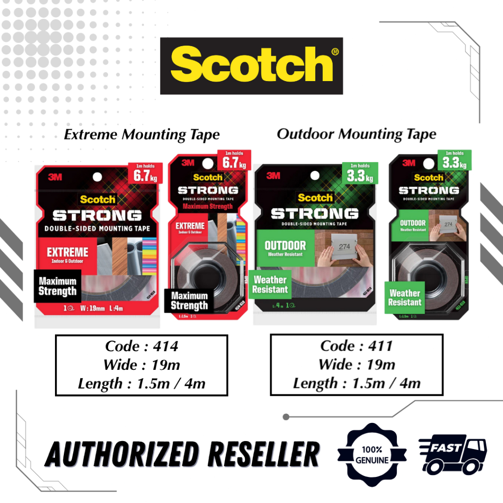 3M Scotch Extreme Outdoor Permanent Double-sided Mounting Tape (1 roll/pack) 414 / 411 | Shopee ...