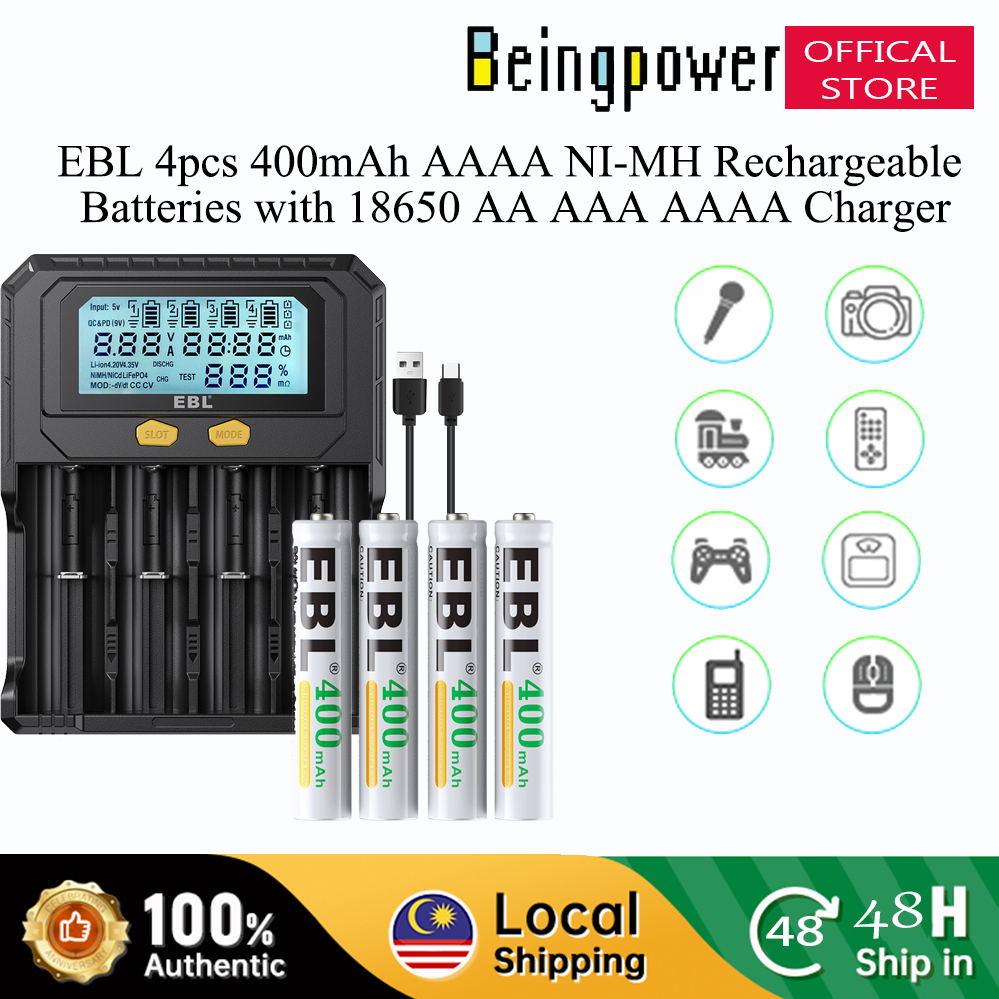 EBL 4pcs 400mAh Ni-MH AAAA Rechargeable Battery Fast Charging With 4 ...