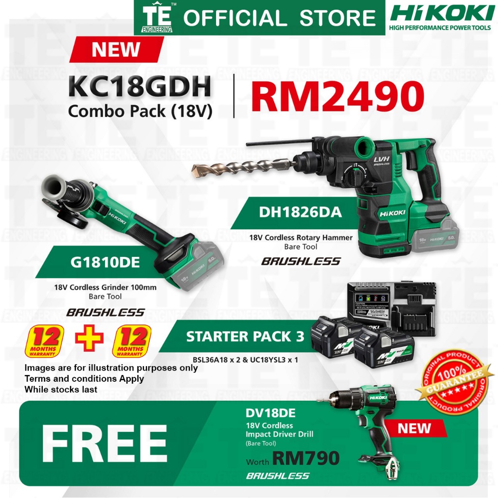 HIKOKI 18V Cordless Rotary Hammer And Cordless Grinder Combo Kit (MODEL VARIANT : KC18GDH) FOC ...