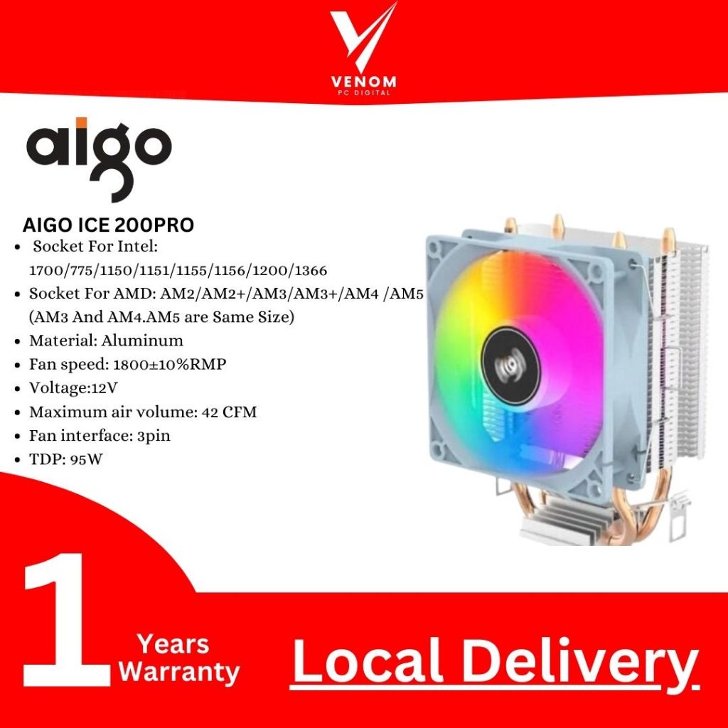 AIGO DARKFLASH ICE 200 PRO CPU AIR COOLER | 7 Leaf 90mm Fan | 1800±10%RPM | Direct-Touch Copper ...
