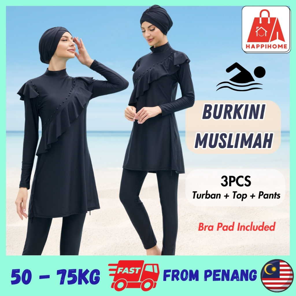 Black Ruffle Free Turban Plus Size Cakenis Muslim Swimwear Full Cover ...