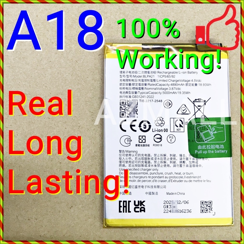 (5000mAh) NEW ORI Real Long Lasting Stable Battery BLPA21 for Oppo A18 ...