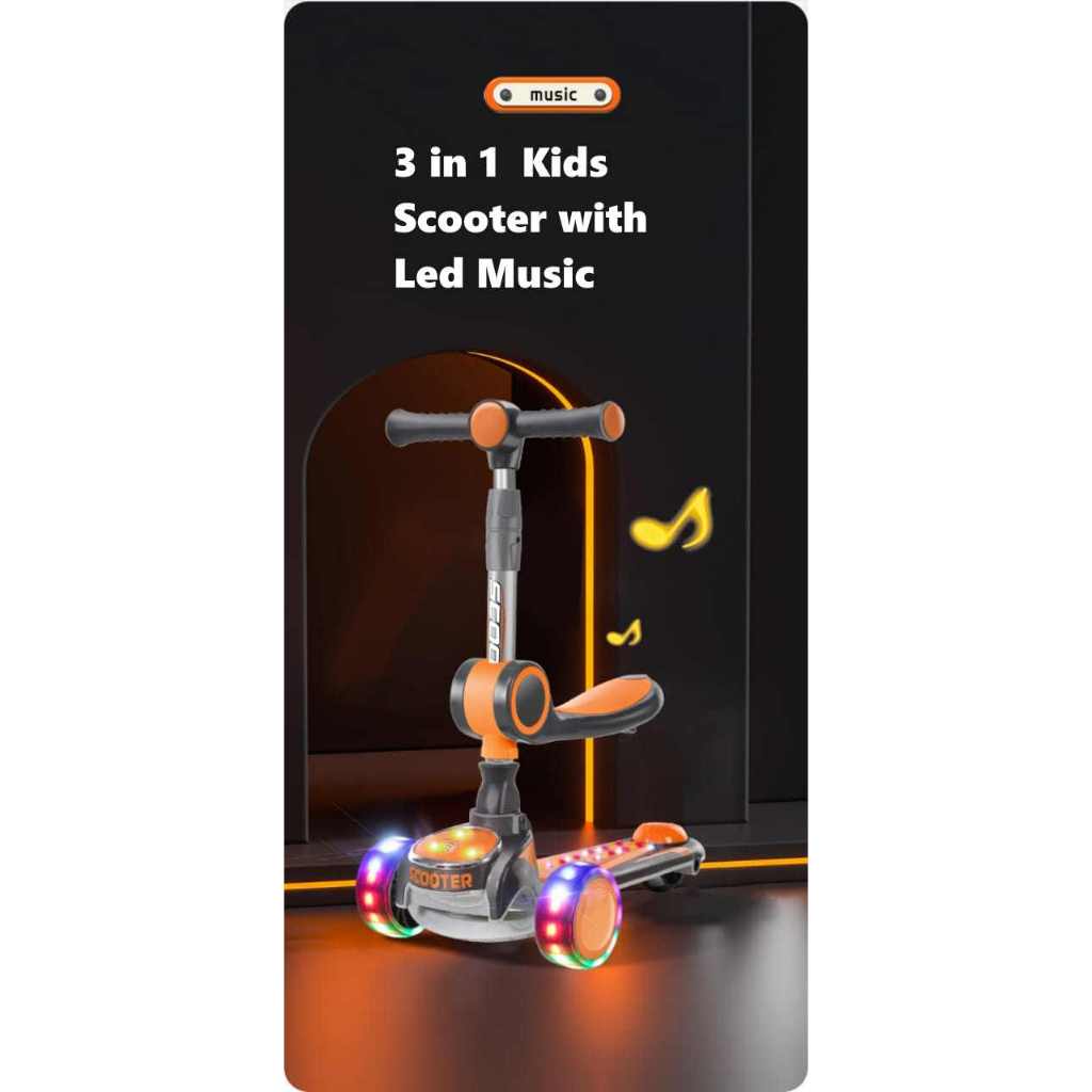 3 in 1 Kids Scooter With LED Light Music Foldable Adjustable Flash ...