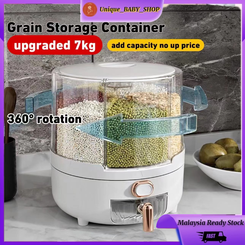 Upgraded 7KG 6 Grid Rotating Rice Dispenser Rice Storage Bucket Rice ...