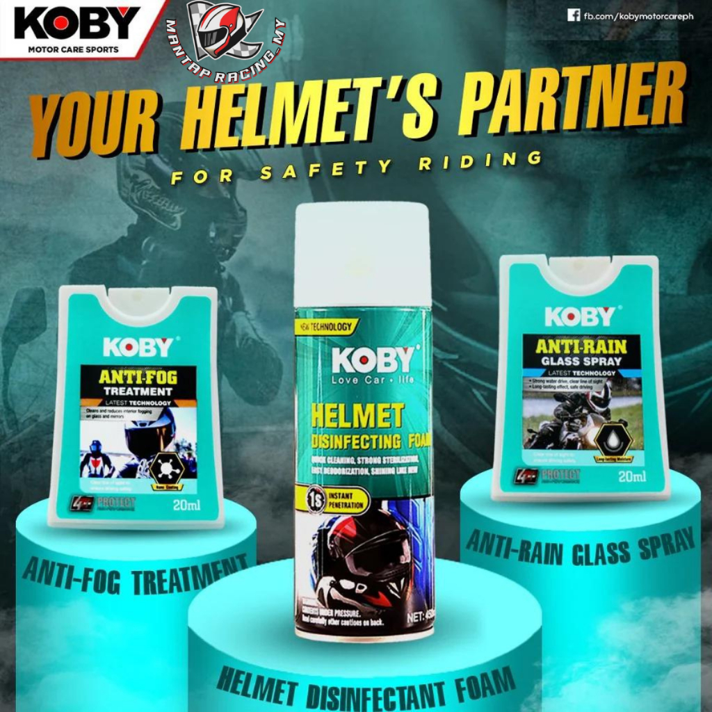 KOBY HELMET DISINFECTING FOAM 450ML / KOBY VISOR ANTI-RAIN SPRAY (100% ...