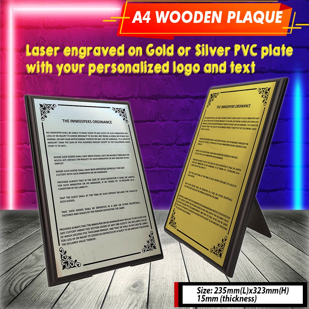 A4 WOODEN PLAQUE / Laser engraved on Gold or Silver PVC plate | Shopee ...