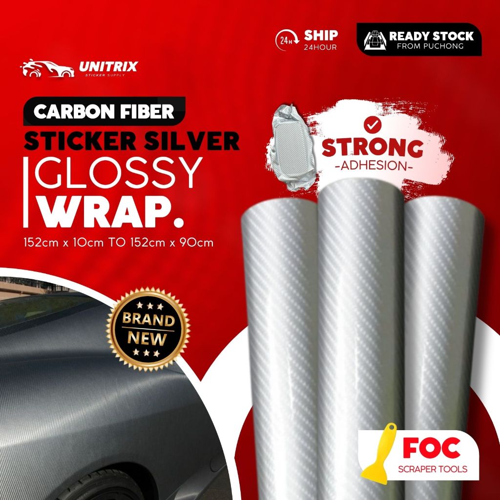 UV CARBON FIBER STICKER SLIVER GLOSSY(152CM-90CM)stiker kereta GAM KUAT ...