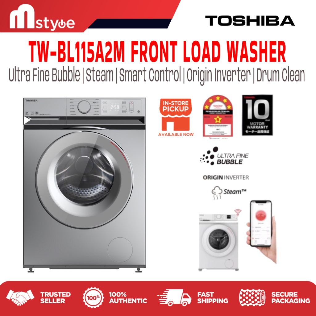 Toshiba TW-BL115A2M (10.5KG ) Front Load Washer Steam Wash Ultra Fine Bubble - Origin Inverter ...