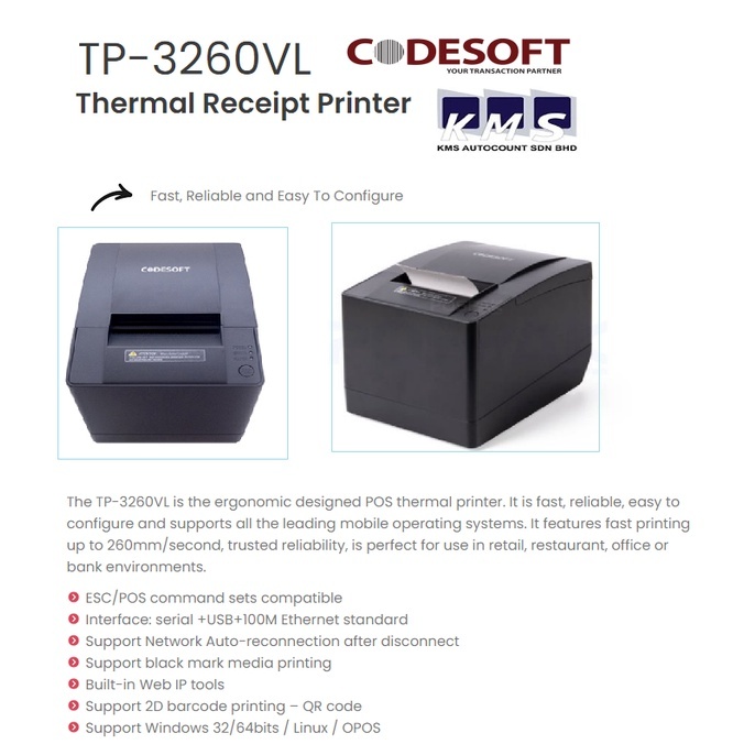 Codesoft TP-3260VL Thermal Receipt Printer (USB + Serial + LAN ...