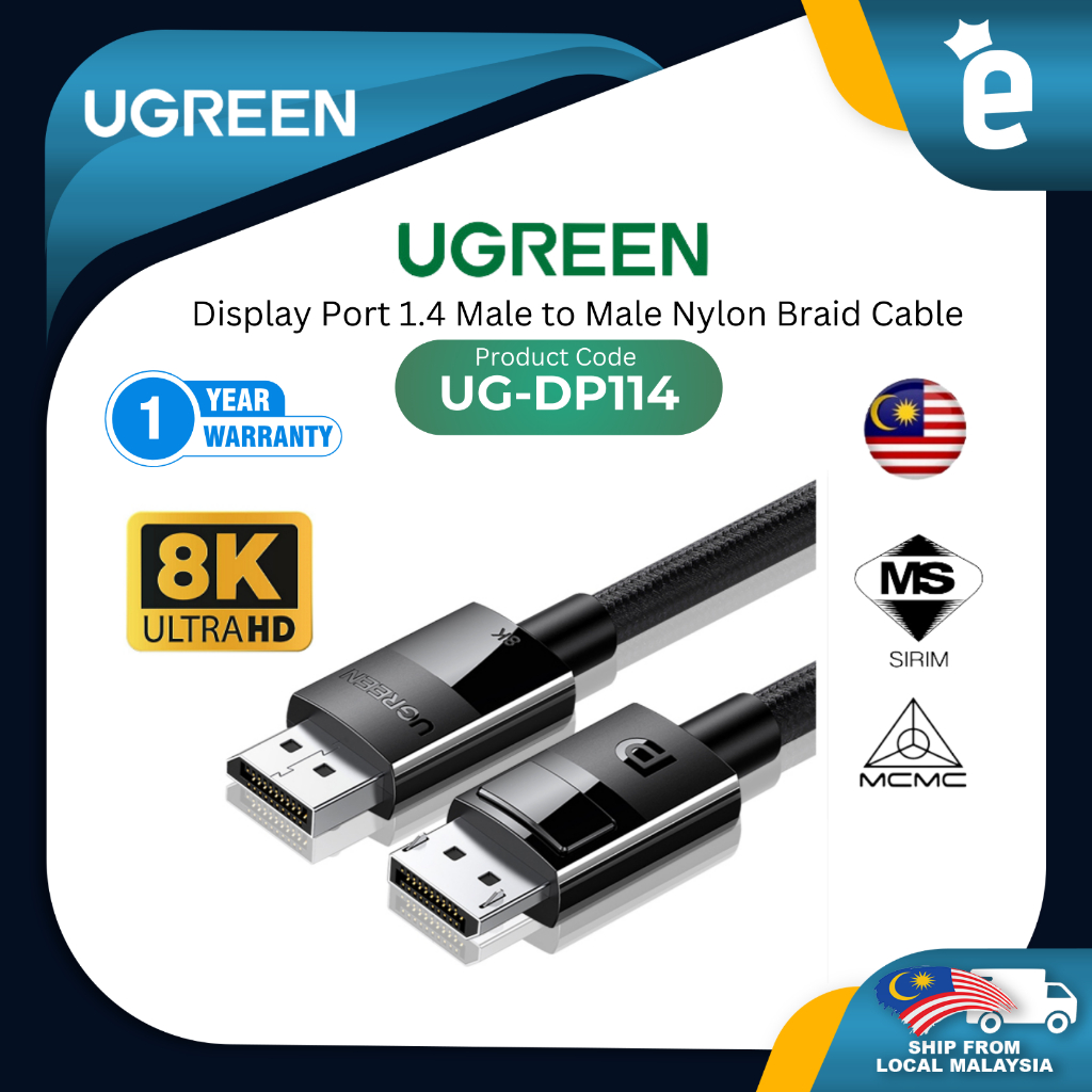 UGREEN 8K DISPLAYPORT V1.4 CABLE DP MALE TO DP MALE 8K@60HZ NYLON BRAID CABLE DP114 - 1M / 1.5M ...