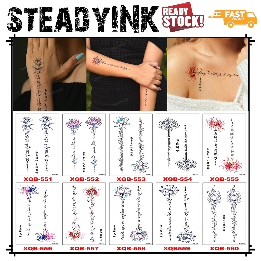 [𝚂𝚝𝚎𝚊𝚍𝚢𝙸𝙽𝙺] Floral Tattoo Sticker Waterproof - Peony Lotus Wording ...