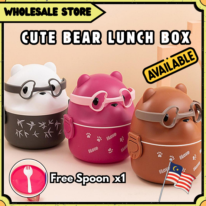 Cute Bear Shape Lunch Box Portable Food Containers with Spoon Double ...