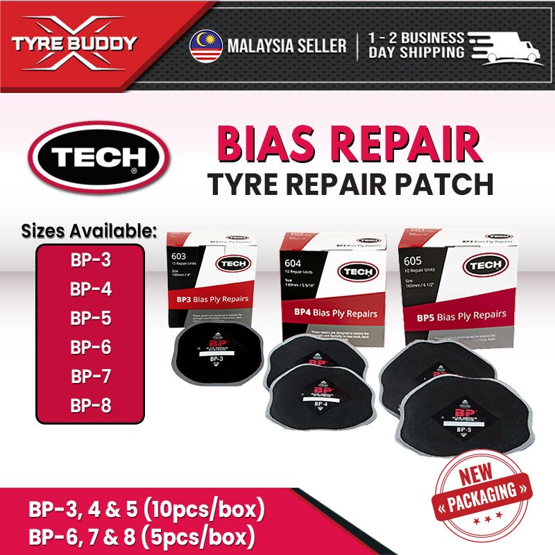 TECH Bias Repair Tyre Repair Patch; BP3; BP4; BP5; BP6; BP7; BP8; TIPTOP Tayar; Puncture; Car ...
