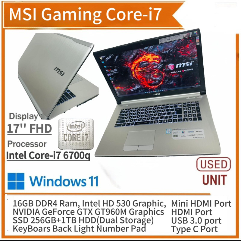 Laptop Gaming Core i7 Screen 17 inches Msi #Ram 32GB SSD 256GB+1TB HDD ...