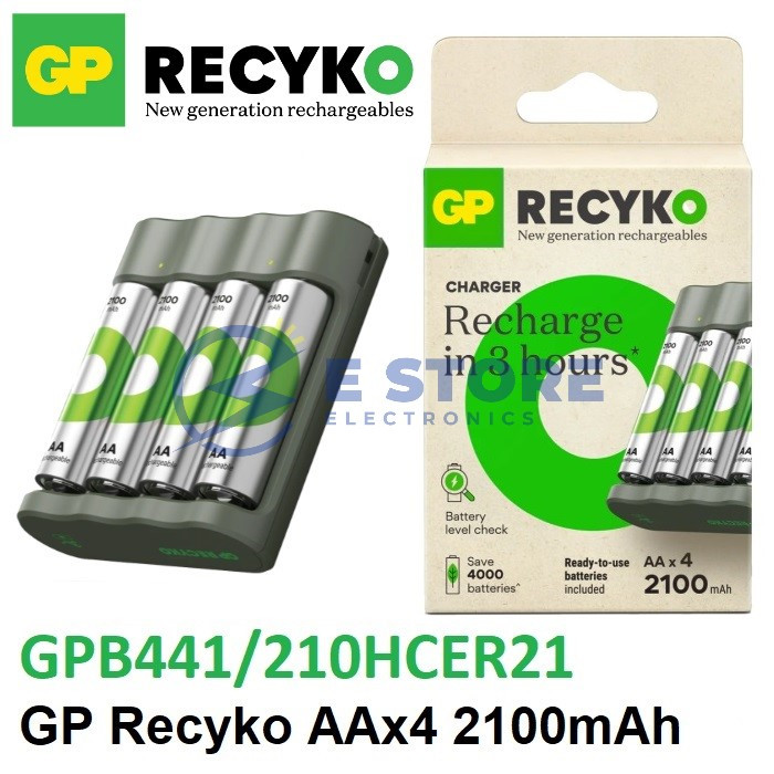 GP ReCyko Charger (USB) B441 4-slot NiMH with 4 x AA 2,100mAh NiMH ...