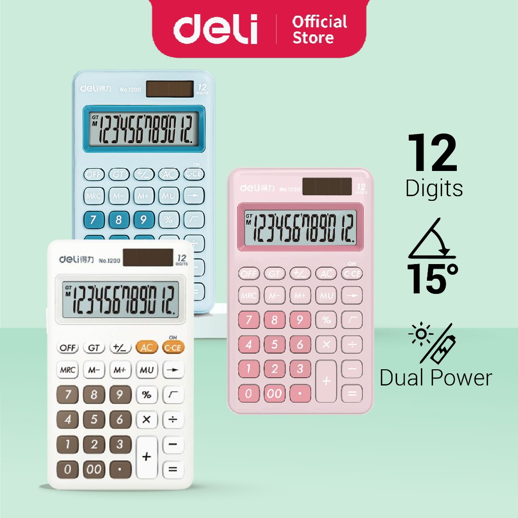 Deli Desktop Calculator 12 Digit Dual Power Soft Lighting Display Blue 1200-BLU/1200-PINK/1200 ...