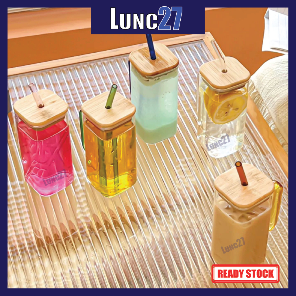 Transparent Square Mug Straw Cup 400ml Square Glass Cup With Bamboo Lid ...