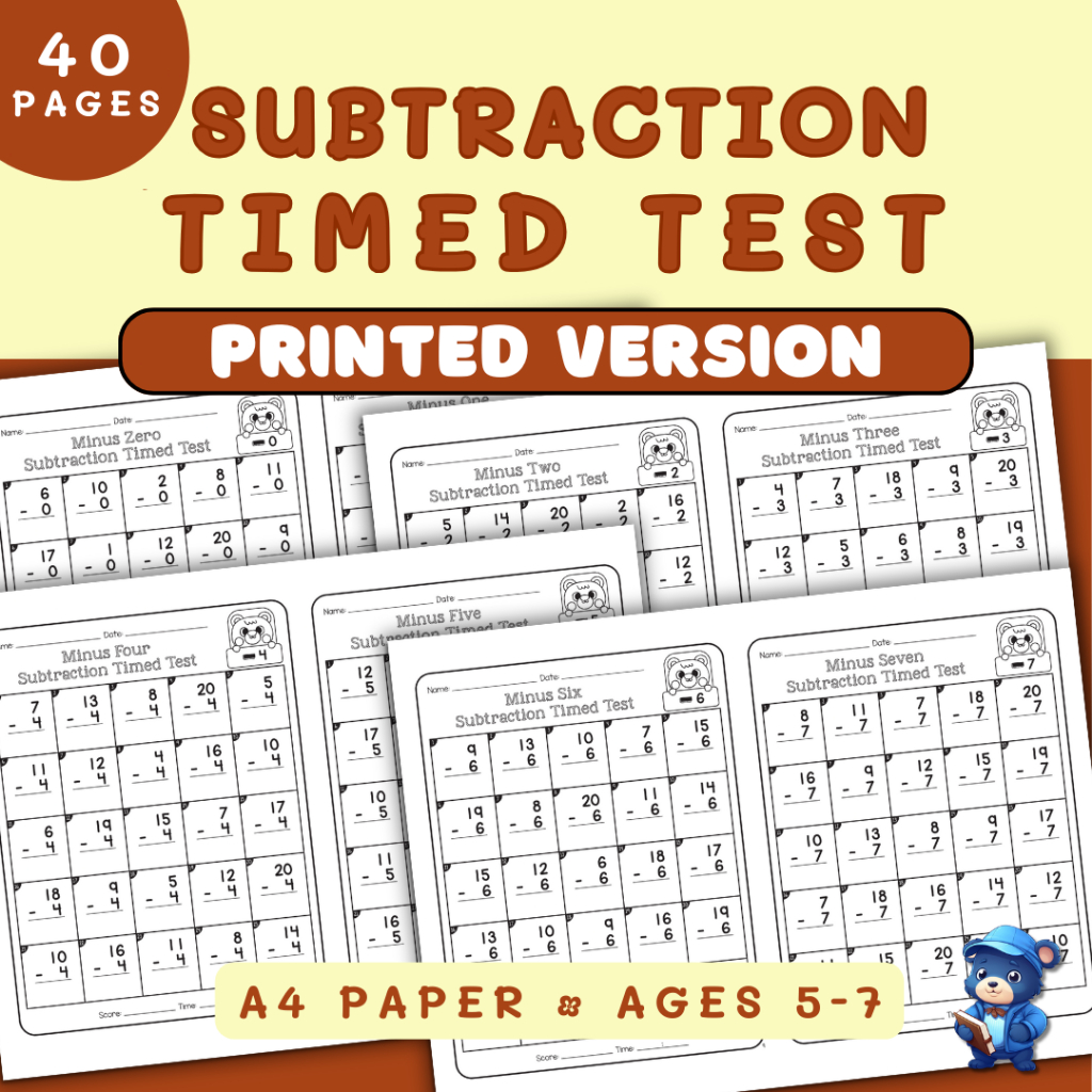 Subtraction Timed Test for Kids Aged 5 to 7 | Printed Mathematics ...