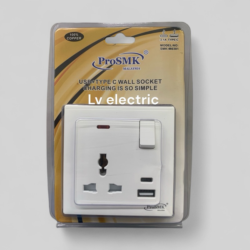 PROSMK Malaysia usb 3.1A + Type c wall socket 100% copper charging is ...