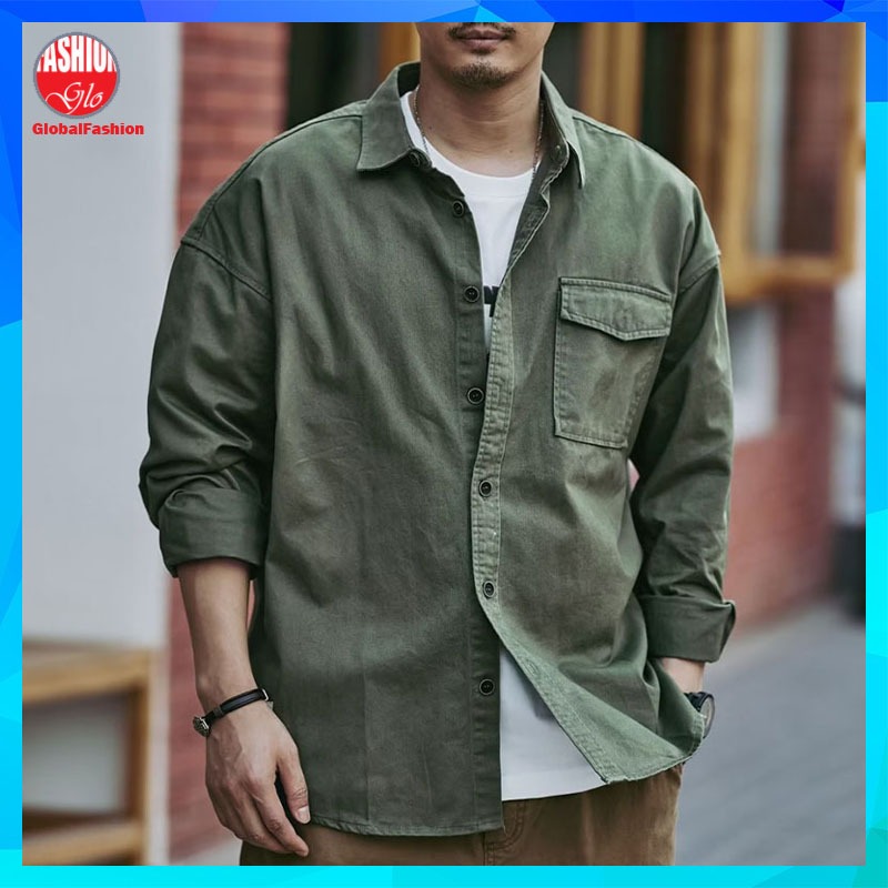 Cargo Men Long Sleeve Shirt Baju Kemeja Lelaki Lengan Panjang Loose Fit ...