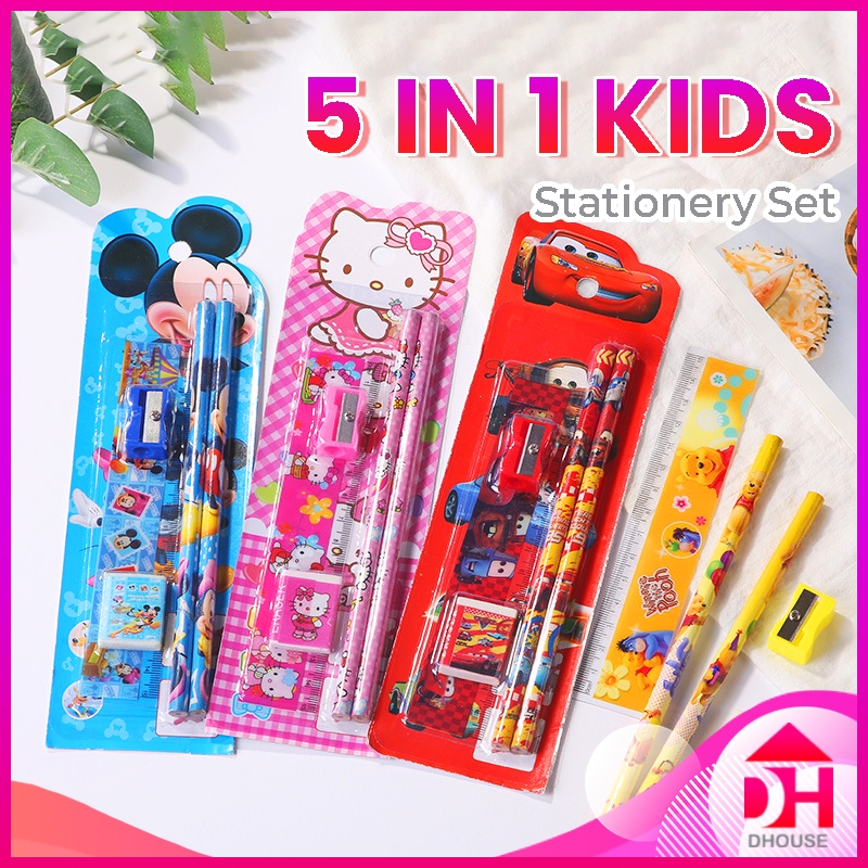 5 In 1 Kids Stationery Set Pencil Ruler Eraser Basic Tool Birthday ...